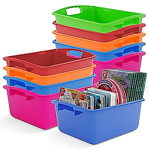 Zilpoo 5 Pack - Plastic Book Bins for Classroom Library, Cubby Shelf Toy Storage Organizer Box with Handles, Bulk Teacher Supplies Holder, Colored