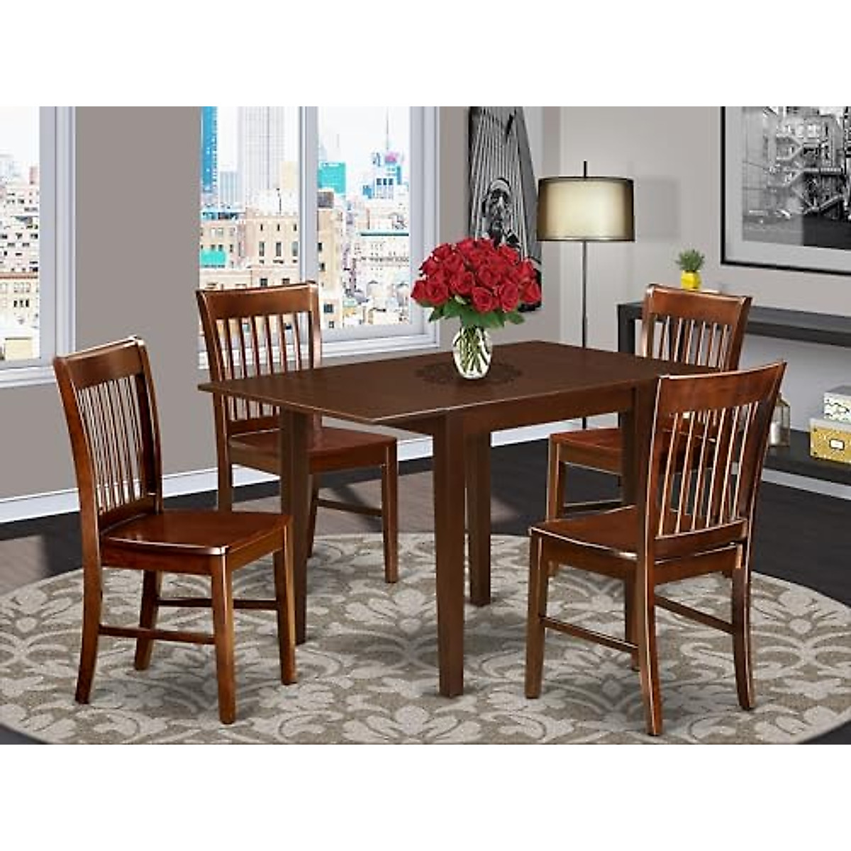 East West Furniture NDNO5-MAH-W 5 Piece Dining Room Table Set Includes a Rectangle Dining Table with Dropleaf and 4 Wood Seat Chairs, 30x48 Inch, Mahogany