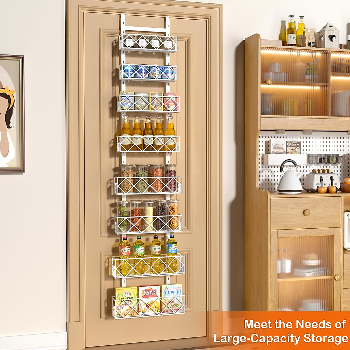 Over the Door Pantry Organizer 8-Tier Adjustable Baskets Hanging Spice Door Rack Narrow - 13.78" W x 65.16" H Behind the Door Storage for Kitchen, Bathroom, and Closet Organization-White
