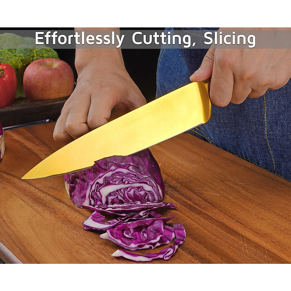 Golden Kitchen Knife Set 5 Piece WELLSTAR, Razor Sharp German Stainless Steel Blade and Ergonomic Handle with Gold Titanium Coated, Chef Carving Bread Utility Paring for Cutting and Peeling - Gift Box