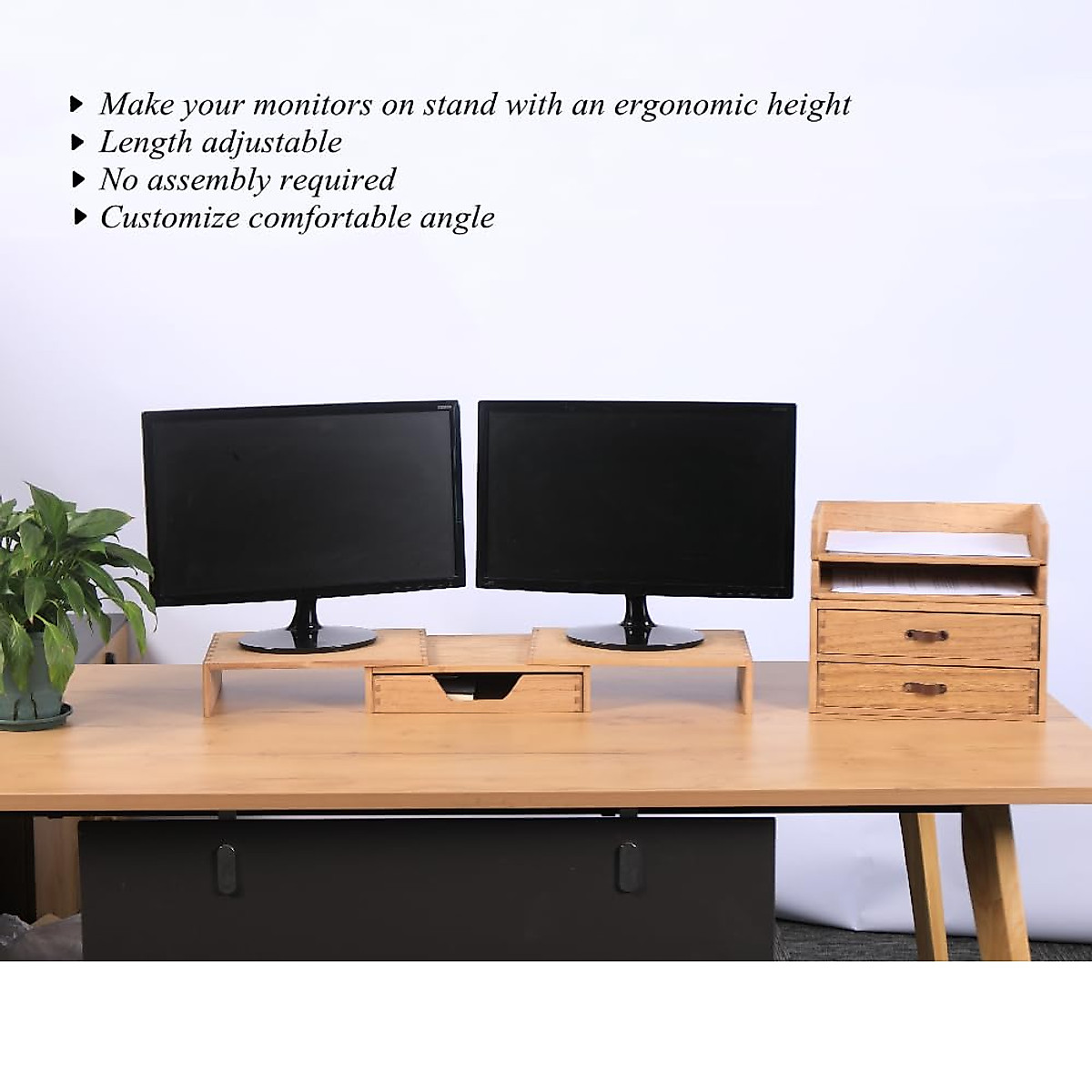 DDYURI Monitor Stand Rier - Computer Riser with Storage Drawer for Office Supplies - Wood Desktop Organizer Shelves with Adjustable Length Angle - Desk Organizer Tray Rack for Laptop (YPJ3T-LT)