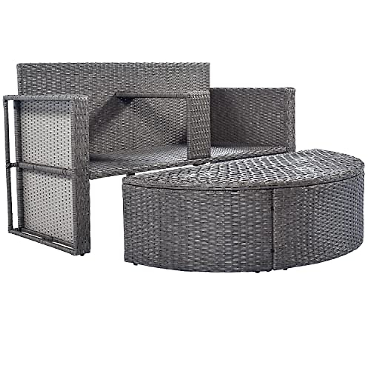 HHOK 2-Piece All-Weather PE Wicker Conversation Sofa, Outdoor Patio Half-Moon Sectional Furniture Set w/Side Table for Umbrella, Suitable for Poolside, Backyard Porch, Rattan+Gray Cushion