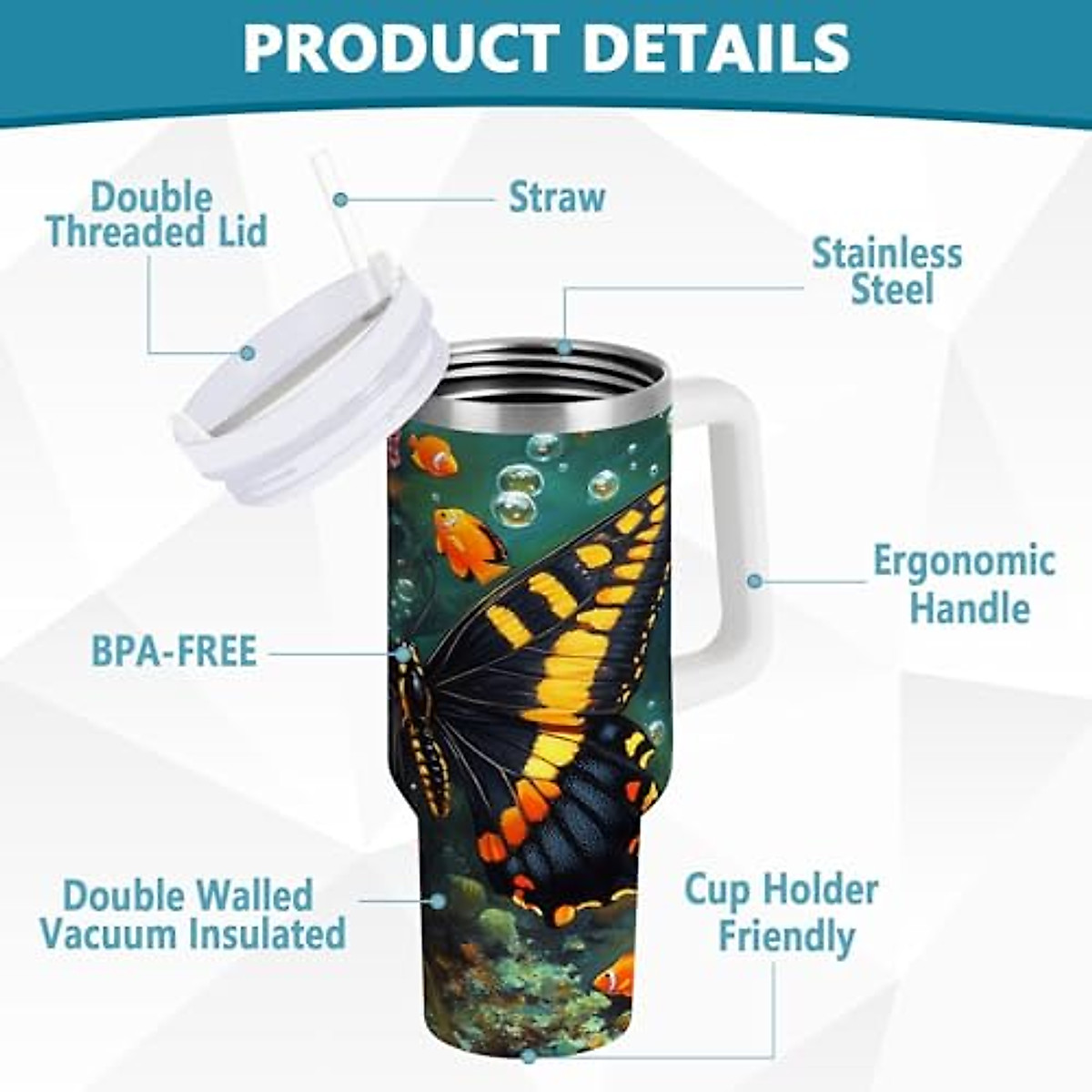Slewiaeky Tumbler with Handle 40 oz Insect Butterfly Retro Travel Mug with Lid and Straw Ocean Stainless Steel Vacuum Insulated Water Bottle Cup for Iced Tea Coffee Cold Beverages Cup Holder Friendly