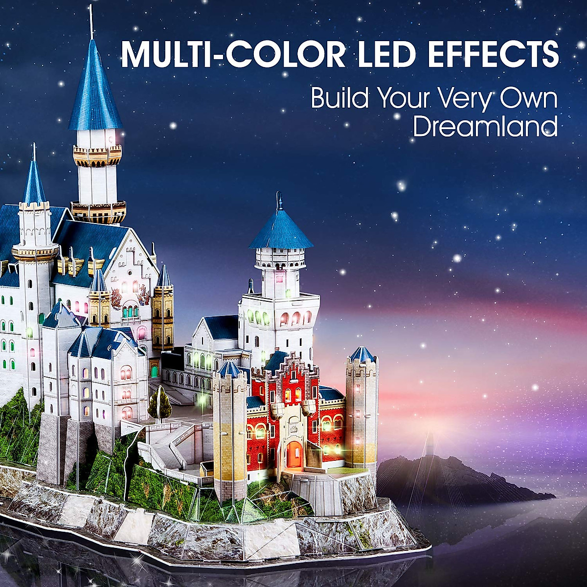CubicFun 3D LED Castle Puzzles for Adults and Kids, Germany Architectures Building Model Kits Toys Gifts for Women and Men, Multi-Color Lights Neuschwanstein Castle 128 Pieces