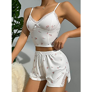 SHENHE Women's Causal Lace Trim Sleepwear Cami Top and Shorts Pajama Sets Floral White L