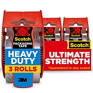 Scotch Heavy Duty Packaging Tape, 1.88" x 22.2 yd, Designed for Packing, Shipping and Mailing, Strong Seal on All Box Types, 1.5" Core, Clear, 3 Rolls with Dispenser (142-3)