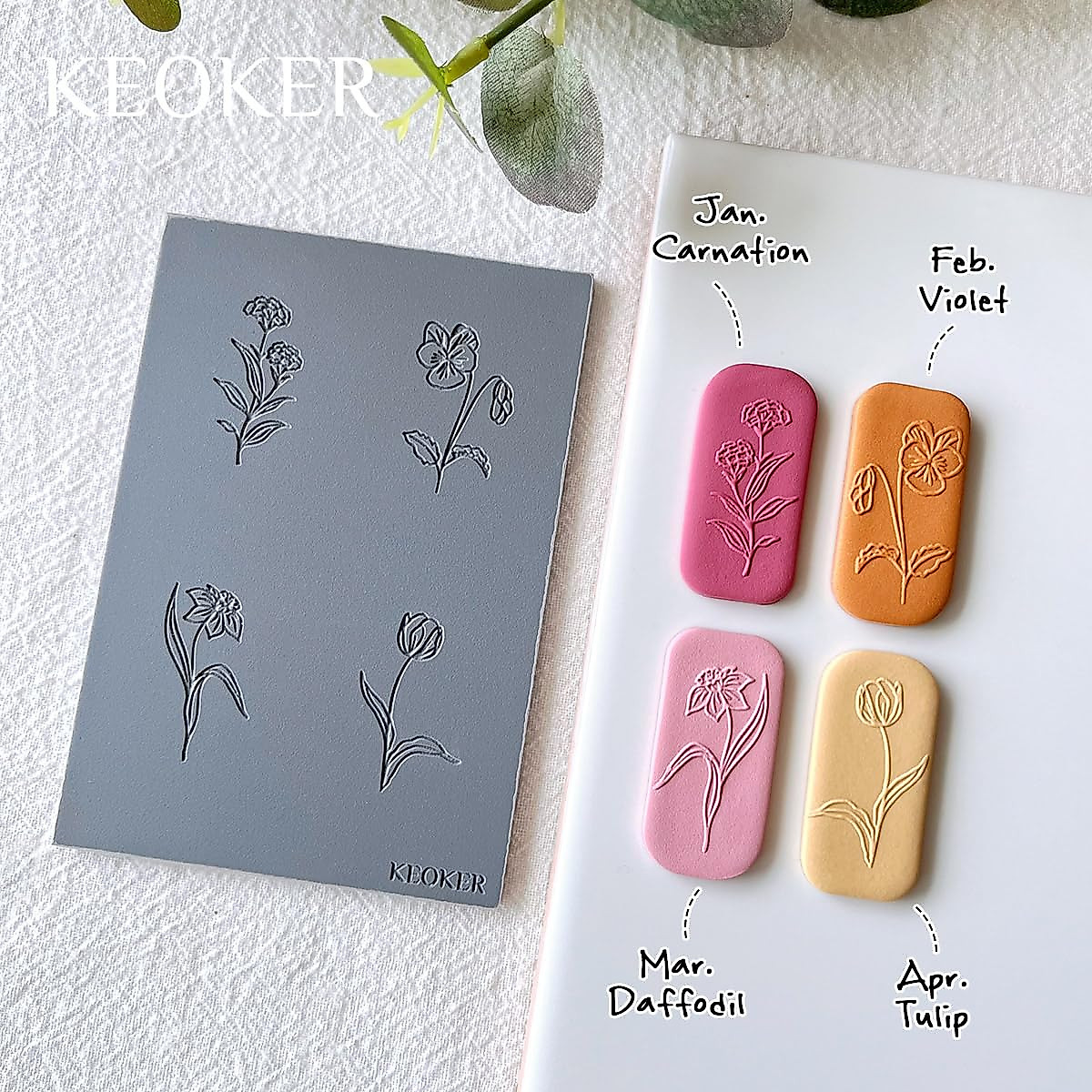 Keoker Polymer Clay Texture Sheets, Birth Month Flower Clay Texture Mat for Making Earrings Jewerly, Polymer Clay Earrings Tools, Floral Clay Texture Stamps