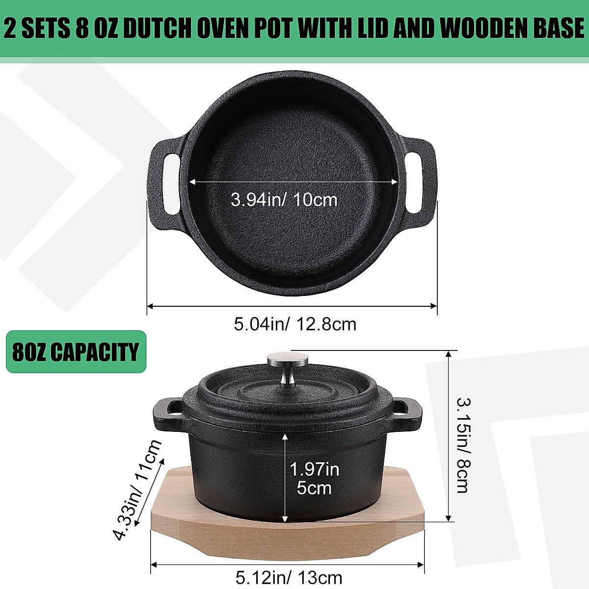 Suttmin 2 Sets Mini Dutch Oven Pot with Lid and Wooden Base Pre Seasoned Cast Iron Casserole Mini Cast Iron Pot Round Cocotte with Handle Heavy Duty Casserole Dish for Grill Oven, Black（8 oz）