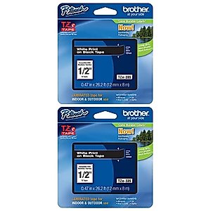 Brother Genuine P-Touch 2-Pack TZe-335 Laminated Tape, White Print on Black Standard Adhesive Laminated Tape for P-Touch Label Makers, Each Roll is 0.47"/12mm (1/2") Wide, 26.2 ft. (8M) Long