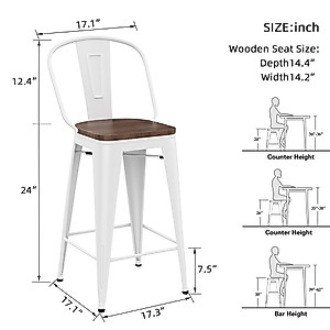 Yongqiang 24" Metal Bar Stools Set of 4 Kitchen Counter Height Bar Chairs High Back Farmhouse Barstools with Large Wooden Seat Cream White