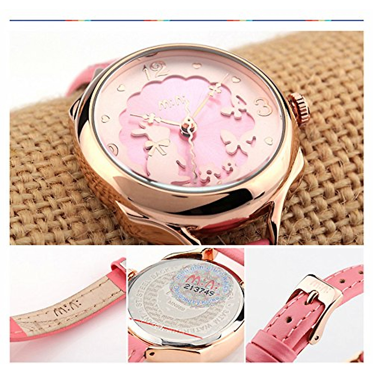 DREAMING Q&P Cute Bunny Women's Girl's Wrist Watches with Soft Pink Leather Strap Rose Golden Case fq062