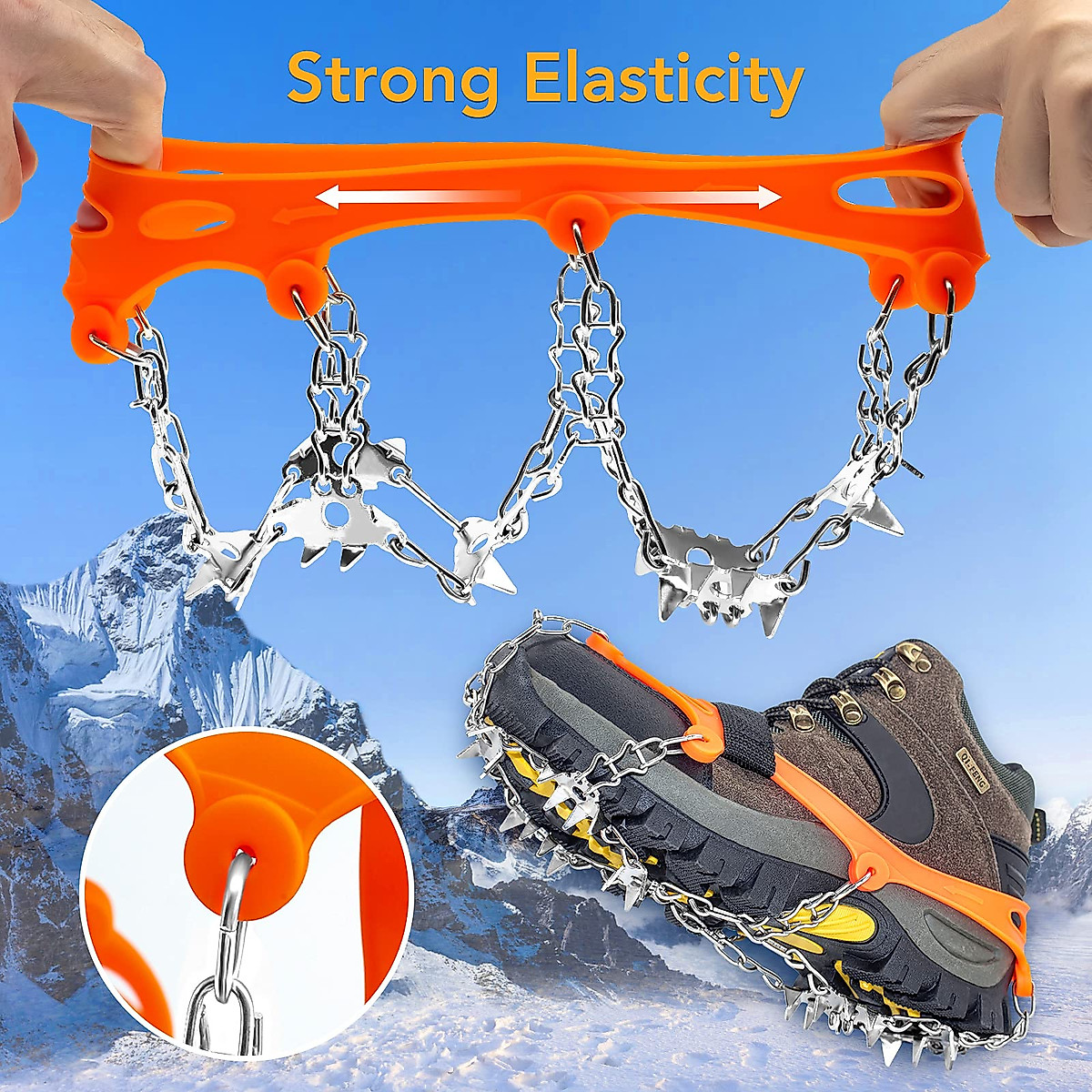 Crampons Ice Cleats Anti Slip Newest 28 Stainless Steel Spikes Suitable for All Boots Shoes Great Protect for Hiking Trekking Walking Jogging Climbing Mountaineering Fishing Men Women Kids(Orange, L)