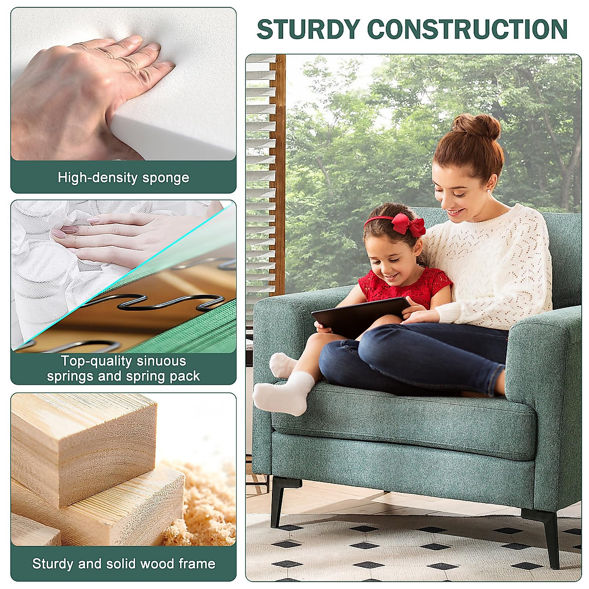 CDCASA Accent Chair, Linen Fabric Oversized Mid Century Modern Chair Set of 1, Comfy Upholstered Armchair Reading Accent Chairs Sofa Chairs for Bedroom Living Room, Green