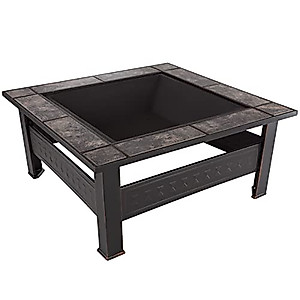 Pure Garden 50-155 Wood Burning Fire Pit Set Includes Screen, Cover and Log Poker-for Outdoor and Patio, 32-inch Marble Tile Square Firepit, Bronze