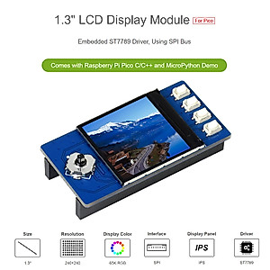 waveshare 1.3 inch LCD Display for Raspberry Pi Pico, IPS Screen Display Module, 65K RGB Colors, 240x240 Pixels, Embedded ST7789 Driver Chip, Using SPI Bus, Compatible with Raspberry Pi Pico Header