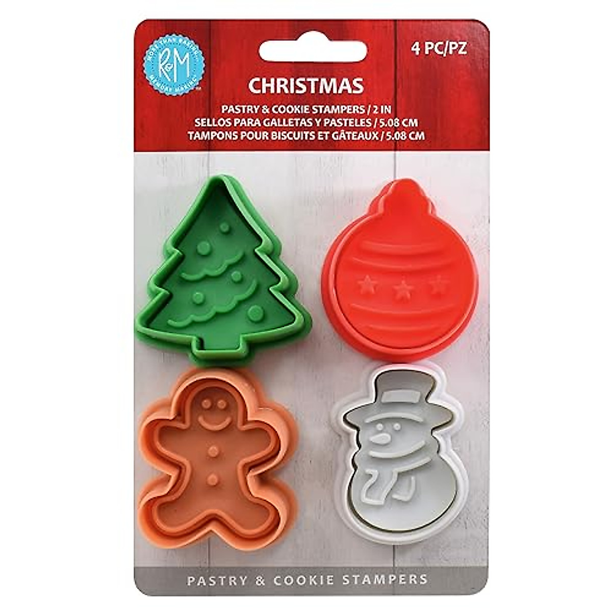 R&M International 0 Christmas 2" Pastry/Cookie/Fondant Stampers, Tree, Snowman, Gingerbread Boy, Ornament, 4-Piece Set