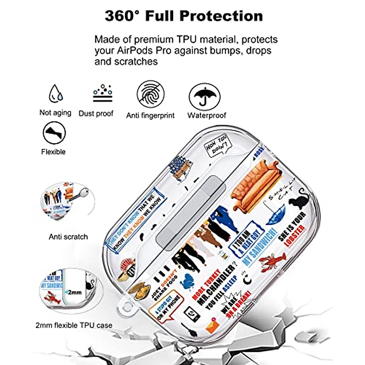 OOROYUME Cute AirPods Pro Case Cover Clear with Keychain, for Women Girls Boys Men Protective Case for Apple AirPods Pro Wireless Charging Case, Friends