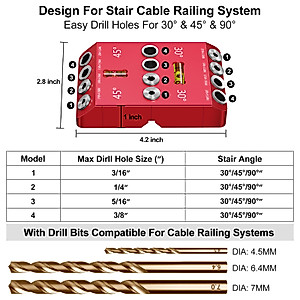 CKE 30 45 90 Degree Angle 4 Sizes Drill Hole Guide Jig with 3 Drill Bits for Angled Straight Hole, Deck Cable Railing Lag Screw Drilling Template Block for Horizontal Cable Wood Post Handrail DG02
