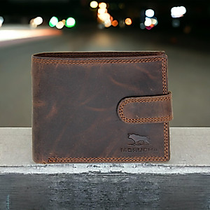 MORUCHA Wallets Men Anti-Theft RFID Blocking Bifold Leather Wallet Genuine Distressed Hunter Leather Passcase Wallet Money Cards Coin Organiser Purse Gift For Men M80 Dark Brown