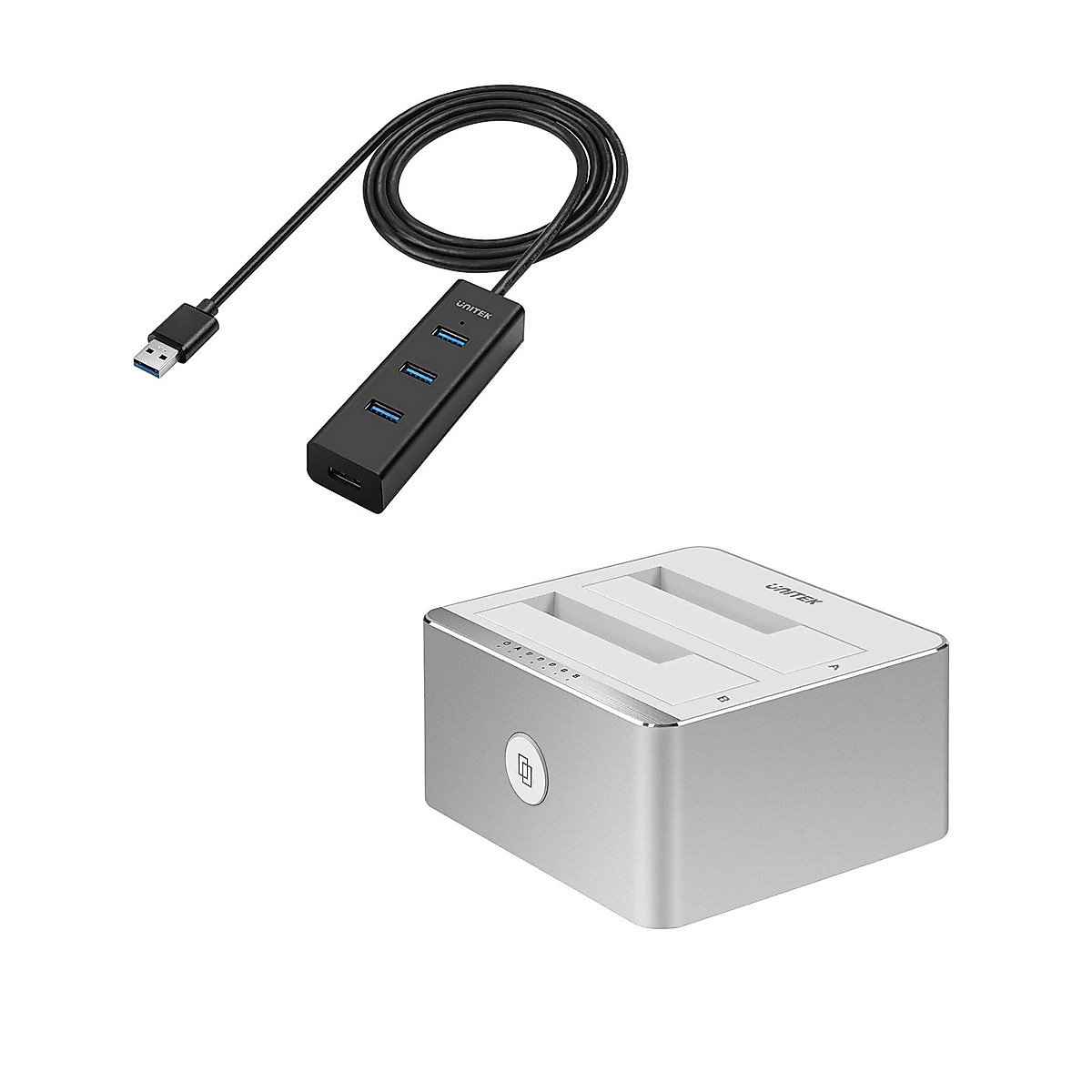 [Bundle] 4-Port USB 3.0 Hub Long Cable and Dual Bay Hard Drive Docking Station
