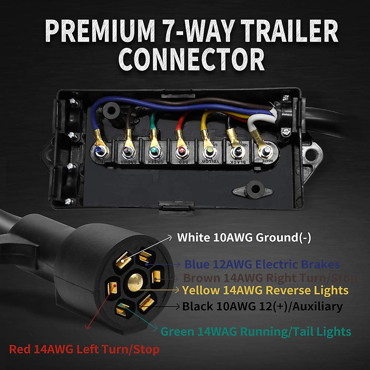 OPL5 7 Way Trailer Plug 8 Feet Heavy Duty Inline Trailer Cord with 7 Gang Wiring Junction Box Weatherproof 7 Pin Trailer Wiring Harness Include Plug Holder for Campers Caravans Food Vans