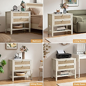 SICOTAS White Night Stand Set of 2, Large Nightstand with Drawers and Storage Shelf - Rattan Boho Bedside Table Narrow Side Table for Bedroom, Small Space