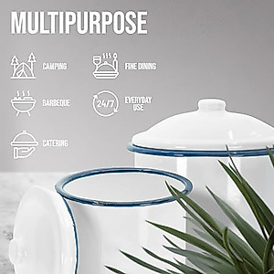 Red Co. White Enamelware Mug Pots with Blue Rim & Lid - Set of 3 Nesting Cups, Perfect for Picnic, Camping, Outdoor Activity