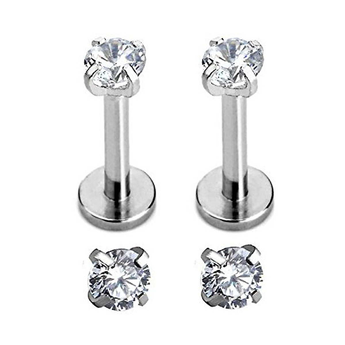 16g CZ Labret Cartilage Tragus Monroe Lip Nose Helix Stud Earrings Stainless Steel Cubic Zirconia Tiny Mini Small Studs Body Piercing Jewelry Hypoallergenic 2mm 3mm 4mm 3 Pairs Set