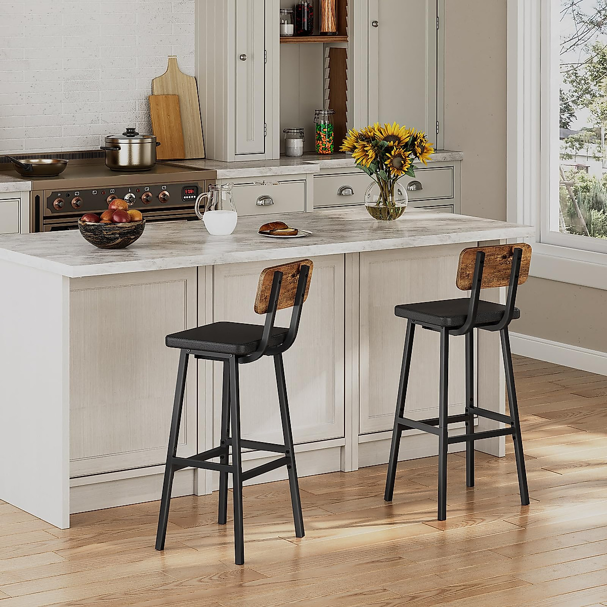 HOOBRO Bar Stools, Bar stools Set of 2 PU Upholstered Tall Bar Chairs, Barstools with Backrest and Footrests, for Kitchen, Dining Room,Bar, Cafe, Rustic Brown and Black BF84BY01