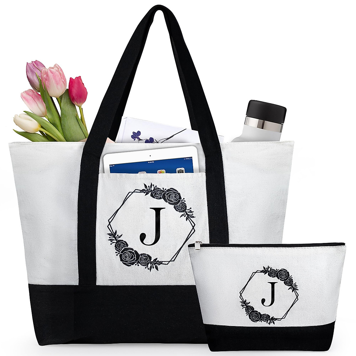 AUNOOL Gifts for Women - Personalized Tote Bags and Makeup Bag, Womens Beach Bag with Zipper Pocket, Wedding Bridesmaid Gifts, Reusable Grocery Bags for Work Holiday Shopping Picnic Travel Letter J