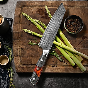 Momo's House 8.3 Inch Kiritsuke Knife and 5 Inch Utility Knife with Wood and Red Resin Handle - VG-10 Core and 67-layers Damascus Steel Kitchen Knives with Gift Box and Sheaths, 2pcs