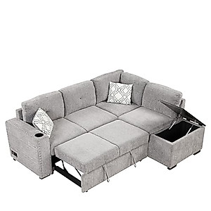 EOVTK Reversible Sectional Pull-Out Sofa Bed, L-Shaped Corner Couch with Storage Chaise, USB Ports, Power Sockets, Cup Holder for Living Room, Light Gray