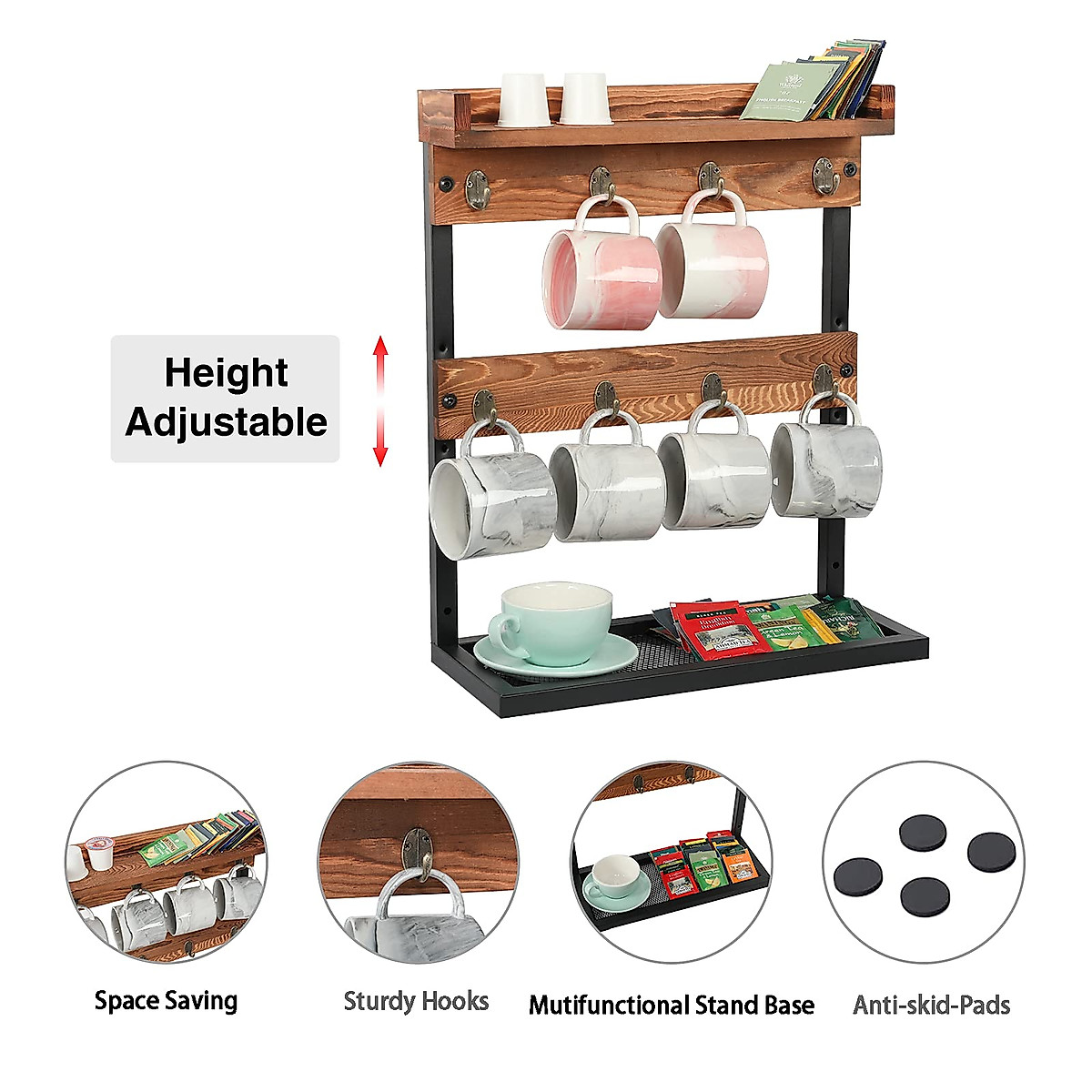 X-cosrack Countertop Coffee Mug Holder Rack 2 Tier Wall Mount Coffee Cup Holder Stand with 8 Hooks and Storage Shelf,Display Organizer Rack for Home Kitchen, Rustic Brown