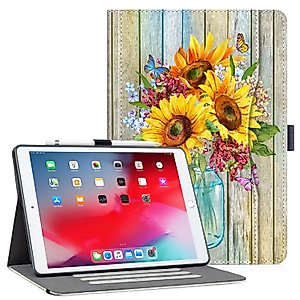 Vimorco Case for ipad 10.2 inch 7th/8th/9th Generation 2019/2020/2021 with Pocket, Multi-Angle Stand, Auto Wake/Sleep,Hand Strap with Pencil Holder for Apple ipad 10.2 (Sunflower)