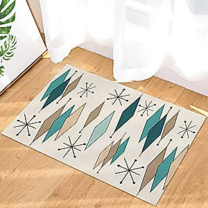 Door Mat Retro Mid-Century Geometry Teal Turquoise Beige Diamond Pattern Non-Slip Entryway Rug,Washable Doormats Inside Floor Mat for Entryway Bathroom Bedroom Living Room,16x24in