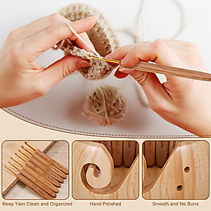 Wooden Yarn Bowl with 8Pcs Metal Crochet Hooks, Knitting Yarn Bowl with Holes Storage Handmade to Prevent Slipping, Perfect Yarn Holder Bowl for Crocheting and Knitting Mother's Day Gift 5" x 3"
