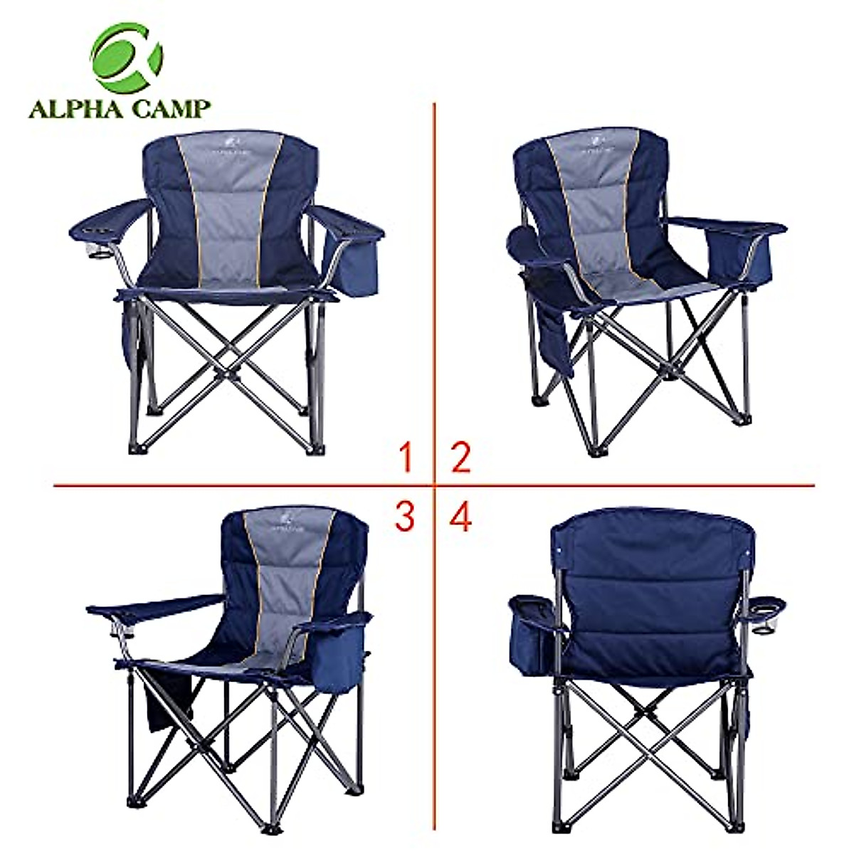 ALPHA CAMP Oversized Camping Folding Chair Heavy Duty with Cooler Bag Support 450 LBS Steel Frame Collapsible Padded Arm Quad Lumbar Back Chair Portable for Lawn Outdoor,Blue
