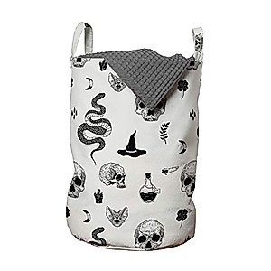 Ambesonne Skull Laundry Bag, Tattoo Style Snake Bat Snake Moon Witch Hat Poison Creepy Halloween Gothic, Hamper Basket with Handles Drawstring Closure for Laundromats, 13" x 19", Coconut Charcoal Grey