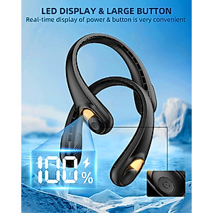 JIAGE Neck Fan, Portable Neck Fan Rechargeable, 5200mAh Battery Operated, LED Display, 360-Degree Cooling, 3 Speeds, Quite, Bladeless Design Neck Fans, Personal Neck Cooler, Black