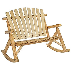 Outsunny Double Wooden Patio Rocking Bench, Adirondack Porch Rocker Chair for 2 Persons with High Rise Slatted Seat & Backrest, Smooth Armrests, Natural