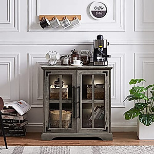 Okvnbjk Buffet Cabinet, 32 Inch Sideboard Coffee Bar Cabinet with Adjustable Shelves for Kitchen Small Accent Storage Cabinet(Grey Wash)