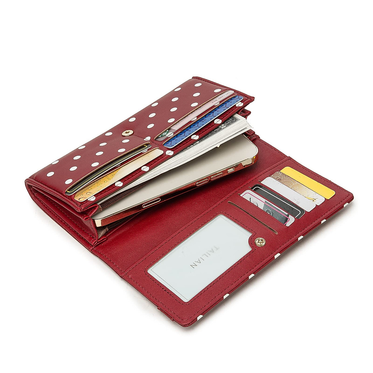 ROYALFAIR Polka Dot Wallet for Women, PU Leather Lady Purse with Cute Bowtie Card Holder Money Manager with ID Window (White Dots in Red)