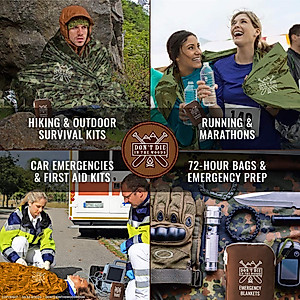 Don't Die In The Woods - Freakin’ Huge Emergency Blankets [4-Pack] Extra-Large Thermal Mylar Space Blankets with Ripstop Nylon Stuff Sacks + Carabiner Zipper Pack [Woodland Camo]