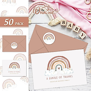 Whaline 50 Pack Baby Shower Thank You Cards Bulk Boho Rainbow Thank You Note Cards with Envelopes Stickers Blank Cards for Baby Shower