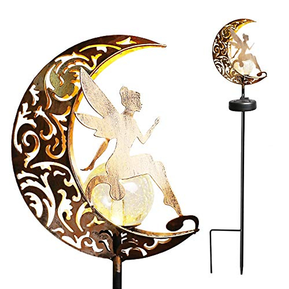 YJFWAL Garden Solar Lights Pathway Stake Lights Moon Fairy Glass Globe with Angel Decor, Outdoor Decorative Lights Waterproof for Walkway, Yard, Lawn, Patio or Courtyard Halloween Decor(Warm White)