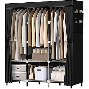LOKEME Wardrobe Closet,Portable Closet for Bedroom Steel Pipe Diameter 19mm Strong and Sturdy Black Portable Closets for Hanging Clothes with 3 Hanging rods, 6 Storage Shelves and Side Pockets