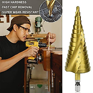 BAYTORY HSS Step Drill Bit Set, 6Pcs Hex Shank Coated Step Drill Bits Set, 4-12/20 / 32mm Large Titanium HSS Step Cone Drill Bit (Spiral 6-Piece Set)