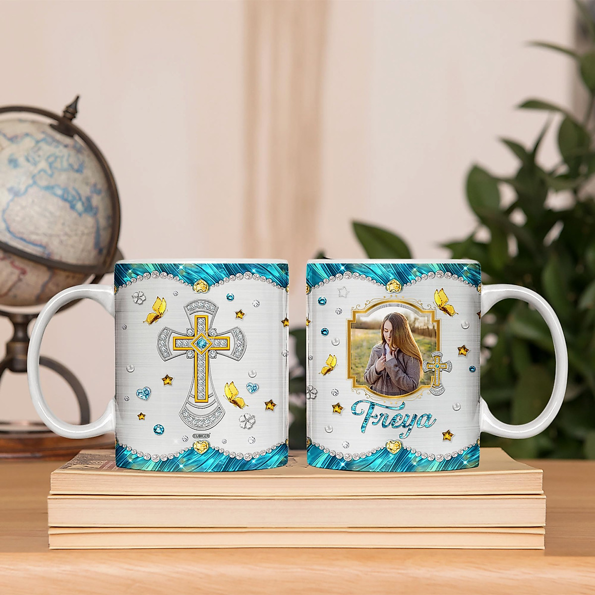 White Ceramic Coffee Mug Photo Mugs Personalized Picture Christian Custom Name Faith Birthday Gifts For Women Mom Mothers Day Novelty Tea Cup Table Desk Jewelry Style 11 and 15 Oz