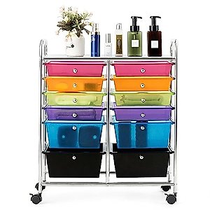 12-Drawer Rolling Storage Craft Cart and Organizer - Rolling Organizer Cart Tools and 4 Universal Casters (Transparent Multicolor)