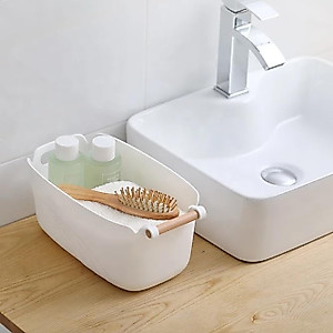 Storage Bins with Wood Handle, Sleek Design - White Matte Plastic Organizer Bucket Container for Pantry Shelf, Kitchen, Closet, Bathroom, Durable, Easy to Clean (WHITE, MEDIUM) (MEDIUM)